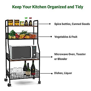 Kitchen Baker's Rack Microwave Stand Cart on Wheels with Large Metal Baskets, Utility Storage Shelf Rolling Cart Fruit Vegetable Kitchen Organizer Rack 4 Tier Shelves Multipurpose Organizer Shelf