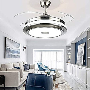 Fandian 42'' Modern Smart Ceiling Fans with Light,Bluetooth Speaker Music Player Chandelier, 3 Colors 3 Speeds Retractable Blades with Remote Control, Silent Motor with LED Kits (42in-Silver1)
