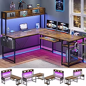 SEDETA L Shaped Computer Desk, Reversible Corner Desk or 94.5" Office Desk, Computer Desk with Led Lights, Keyboard Tray, Headphone Hook and Storage Shelves for Home Office, Rustic Brown