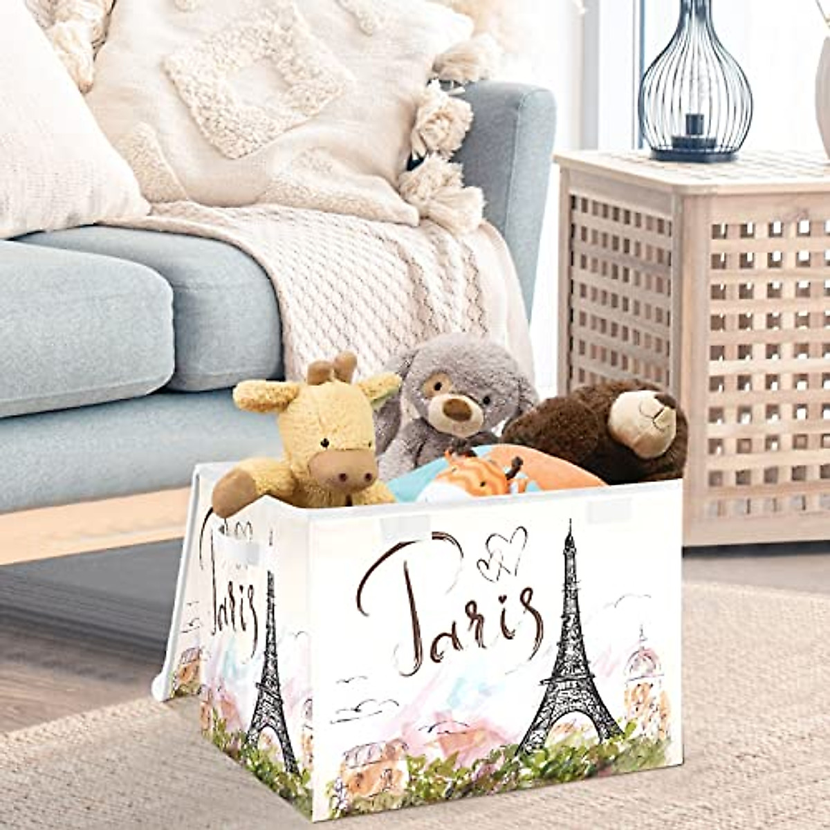 CaTaKu Paris Eiffel Tower Storage Bins with Lids and Handles, Fabric Large Storage Container Cube Basket with Lid Decorative Storage Boxes for Organizing Clothes