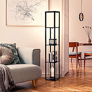 Brightech Maxwell - Modern Shelf Floor Lamp with Lamp Shade and LED Bulb - Corner Display Floor Lamps with Shelves for Living Room, Bedroom and Office - Black