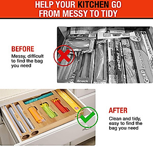 Kitchen Bag Storage Organizer 6 in1 Bamboo Foil and Plastic Wrap Dispenser with Cutter for Kitchen Drawer Suitable for Gallon Quart Sandwich Snack Bag