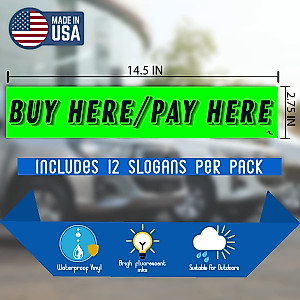 Versa Tags Windshield Slogan Stickers 12 Pack of Extra Clean Stickers 12 Pack of Cash Slogans 12 Pack of Buy HERE Pay HERE Window Stickers (36) Dealership Stickers Black On Green