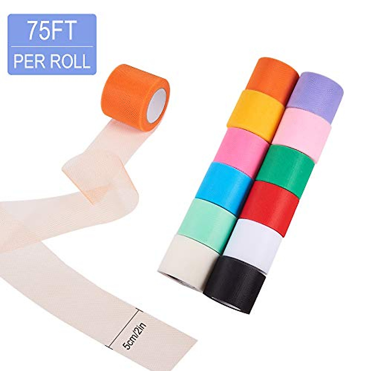 BENECREAT 12 Roll 300 Yards/900FT Rainbow Tulle Fabric Rolls Netting Fabric 2" by 25 Yard Spool for Wedding Party Decoration, DIY Craft