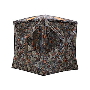Tag Out Hub Hunting Blind, 3 Person Pop Up Ground Blind, Bloodtrail Woodland Camo and blaze orange safety panels, TA350BT, By Barronett Blinds, 90x90"