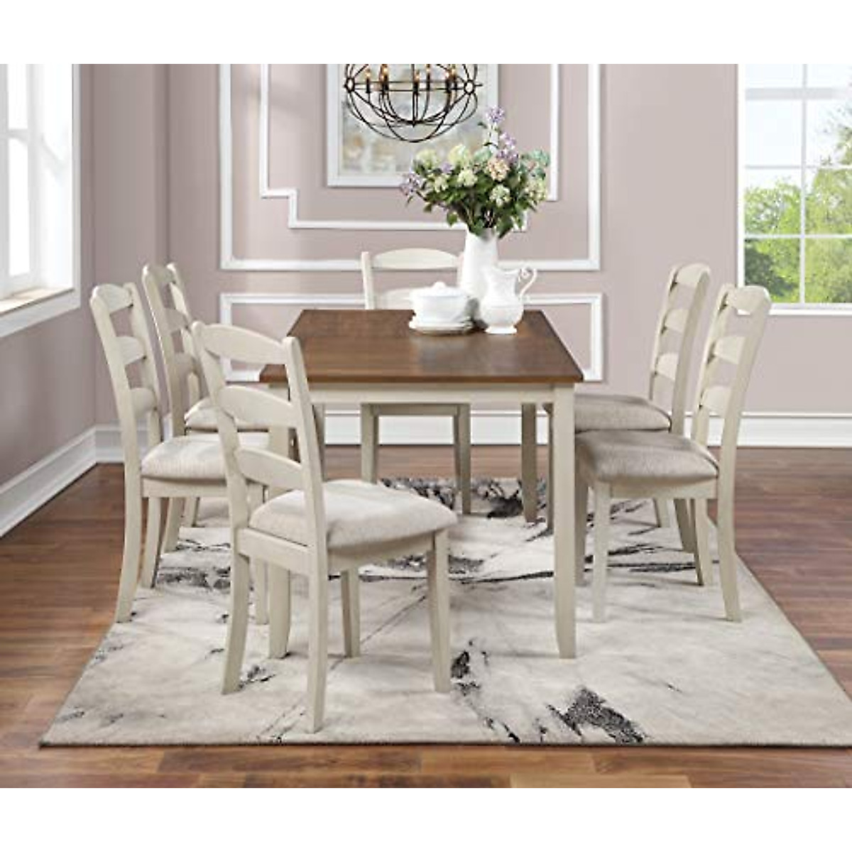 OSP Home Furnishings West Lake Dining Table Set, 7-Piece, Antique Tobacco Finish Top and Cream Base with Linen Fabric