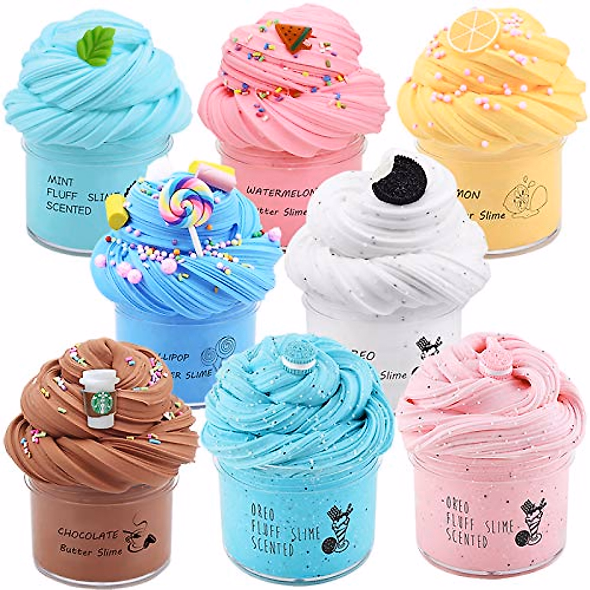 8 Pack Butter Slime Kit, with Mint, Watermelon, Candy, Coffee and Lemon Slime, Stretchy and Non-Sticky, Stress Relief Toys for Girl Boys