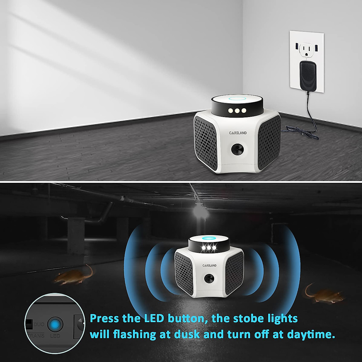 Careland Ultrasonic Pest Repeller Squirrel Repellent, 4 in 1 Rodent Repellent Plug-in Mouse Deterrent Emits Ultrasound Waves and LED Strobe Lights Indoor Use
