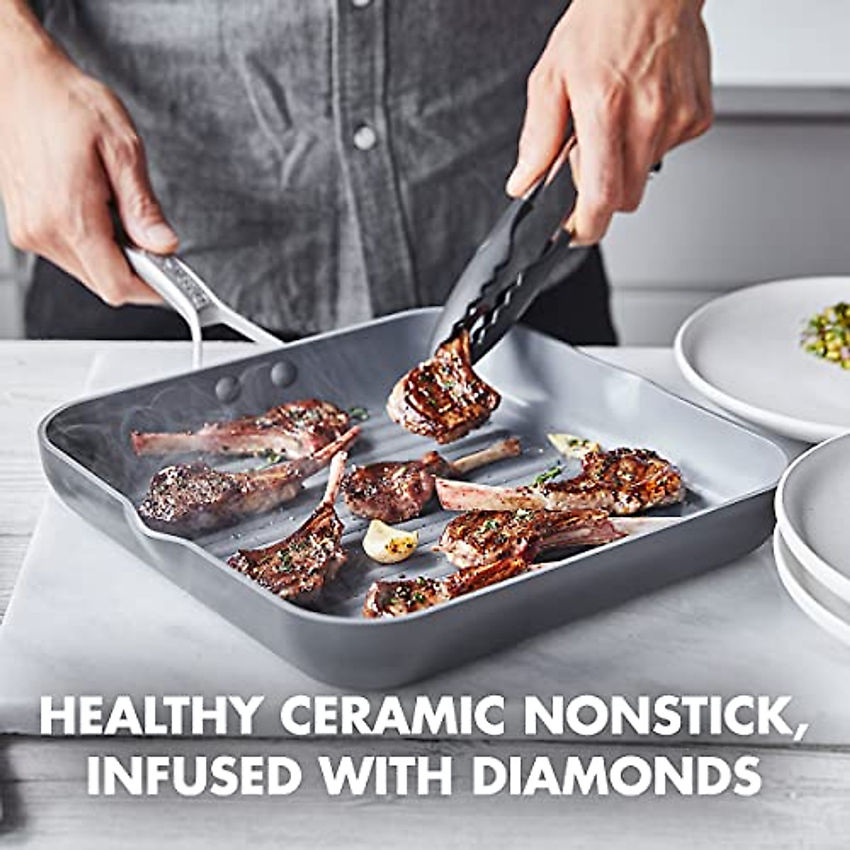 GreenPan Paris Pro Hard Anodized Healthy Ceramic Nonstick, 11" Square Grill Pan, PFAS-Free, Dishwasher Safe, Grey