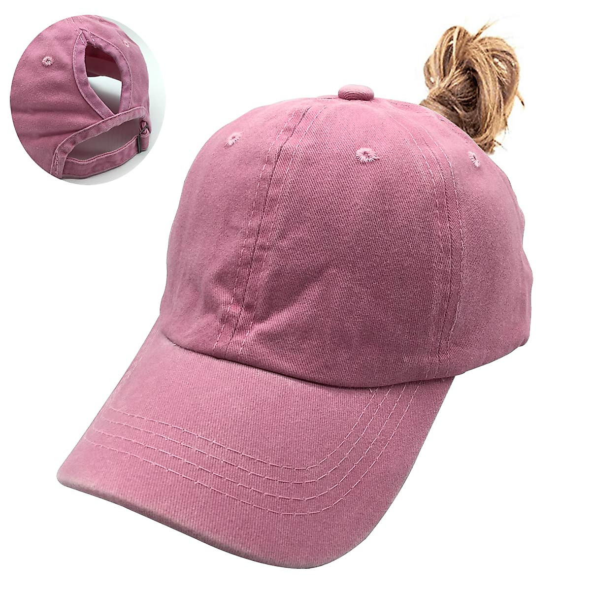 Waldeal Girls' Cute Ponytail Hat Distressed Adjustable Kids Plain Baseball Dad Cap Pink