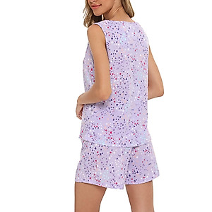 ENJOYNIGHT Womens Pajamas Set Cute Sleeveless Print Tank and Shorts Pj Set Summer Sleepwear (Large,PU) Purple