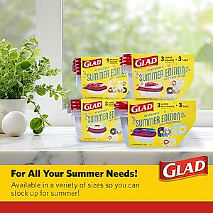 Glad Food Storage Containers, GladWare Summer Edition with Reversible Lid Inserts – 3 Ct Large Round Containers & Lids, 48oz Microwave-Safe, Freezer-Safe, Dishwasher Safe