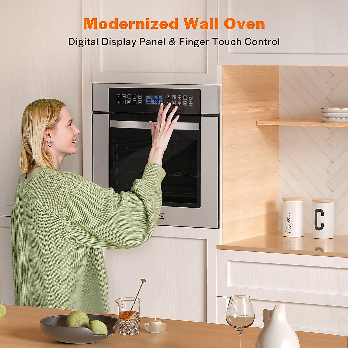 Empava 24" Electric Convection Single Wall Oven 10 Cooking Functions Deluxe 360° ROTISSERIE with Sensitive Touch Control in Stainless Steel, Silver