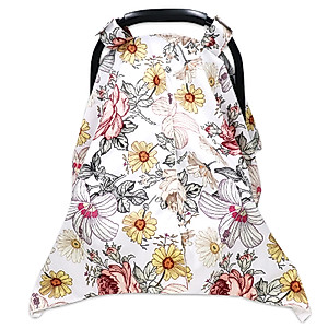 Floral Baby Car Seat Canopy Soft Plush Dotted Backing Baby Car Seat Cover Girls, Infant Carseat Canopy, Stretchy Multi- use Nursing Cover for Stroller/High Chair/Shopping Cart/Car Seat Canopies