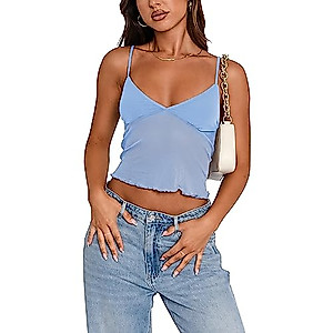 REORIA Women's Summer Sexy V Neck Sleeveless Adjustable Spaghetti Strap Sheer Mesh See Through Going Out Trendy Cami Camisole Y2k Crop Tops Sky Blue X-Small
