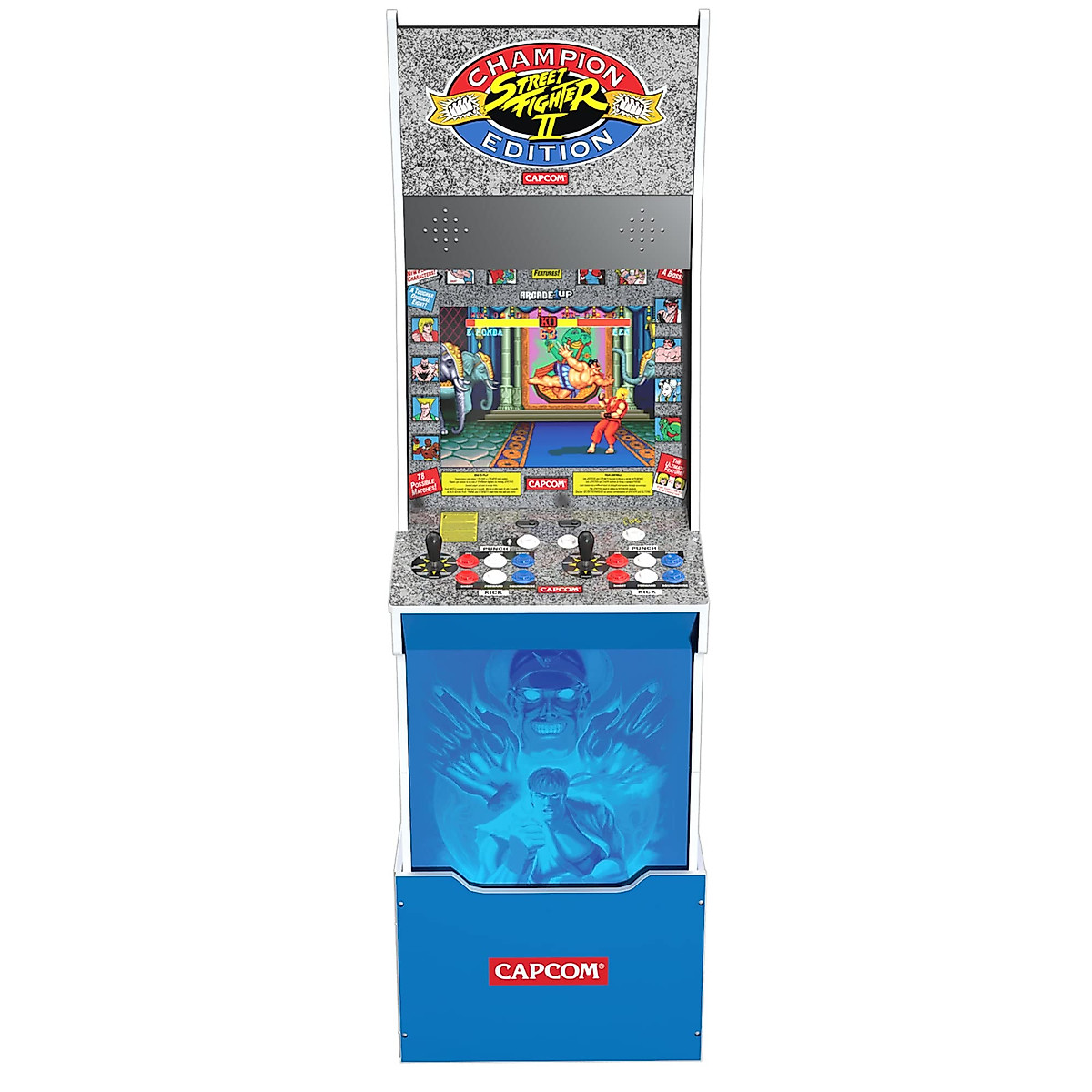 Arcade1Up Street Fighter II Champion Edition Big Blue Cabinet Style Arcade Machine w/ 12 Games, Coinless Operation, Light-Up Marquee, WiFi, and Stool