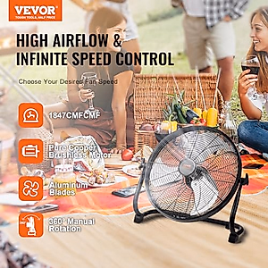 VEVOR 16'' Rechargeable Floor Fan, Portable Quiet Personal Fan for Home or Office, 360 Degree Manual Pivoting Head, Stepless Speed Regulation High Velocity, Heavy Duty Metal Industrial Cordless Fans