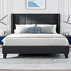 Allewie Queen Size Platform Bed Frame with Wingback/Fabric Upholstered Square Stitched Headboard and Wooden Slats/Mattress Foundation/Box Spring Optional/Easy Assembly, Dark Grey