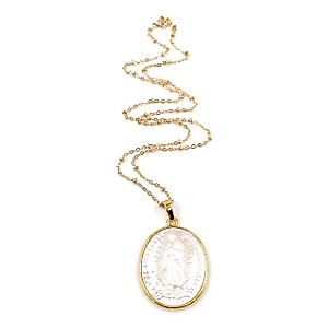 LESLIE BOULES Mother of Pearl Guadalupe Medal Pendant Necklace for Women 18K Gold Plated Chain
