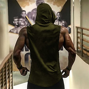 Babioboa Men's Workout Hooded Tank Tops Lightweight Athletic Sleeveless Shirts Gym Hooded Tank Tops(Army Green Medium)