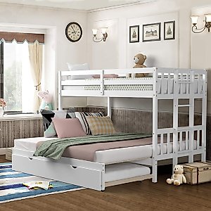 Giantex Twin Over Pull-Out Bunk Bed with Trundle, Extendable Twin/Full/Queen/King Bunk Bed, Solid Wood Bunk Bed with Ladder and Safety Rail, Wooden Bunk Beds for Kids Adults Teens, White
