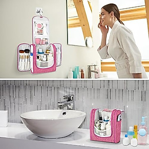 BALEINE Toiletry Bag for Women and Men, Water-Resistance Cosmetic Bags Makeup Organizer for Toiletries with Hanging Hook (Large, Pink)