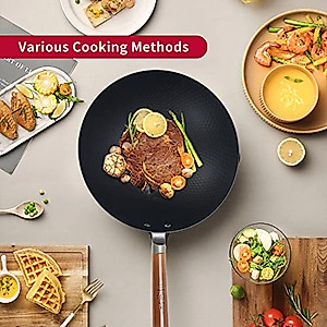 WANGYUANJI Iron Wok,12" Lightweight Woks and Stir Fry Pans with Lid,Wooden Handle Carbon Steel Wok No Chemical Coated Flat Bottom Wok for Induction, Electric, Gas, Halogen All Stoves