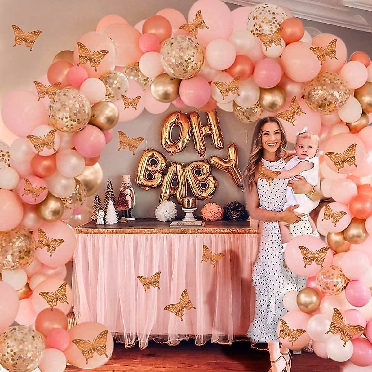 150pcs Rose Gold Pink Butterfly Balloon Garland Arch Kit Theme Baby Shower Birthday Bachelorette Party Decorations for Girl Women, Rose Gold Pink Balloons, Baby Girl Balloon
