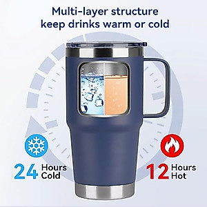 HASLE OUTFITTERS 20oz Tumbler with Lid, Stainless Steel Tumbler with Handle, Metal Insulated Travel Coffee Mug with Handle, Double Wall Vacuum Spill Proof Tumbler Cup, Navy 1 Pack