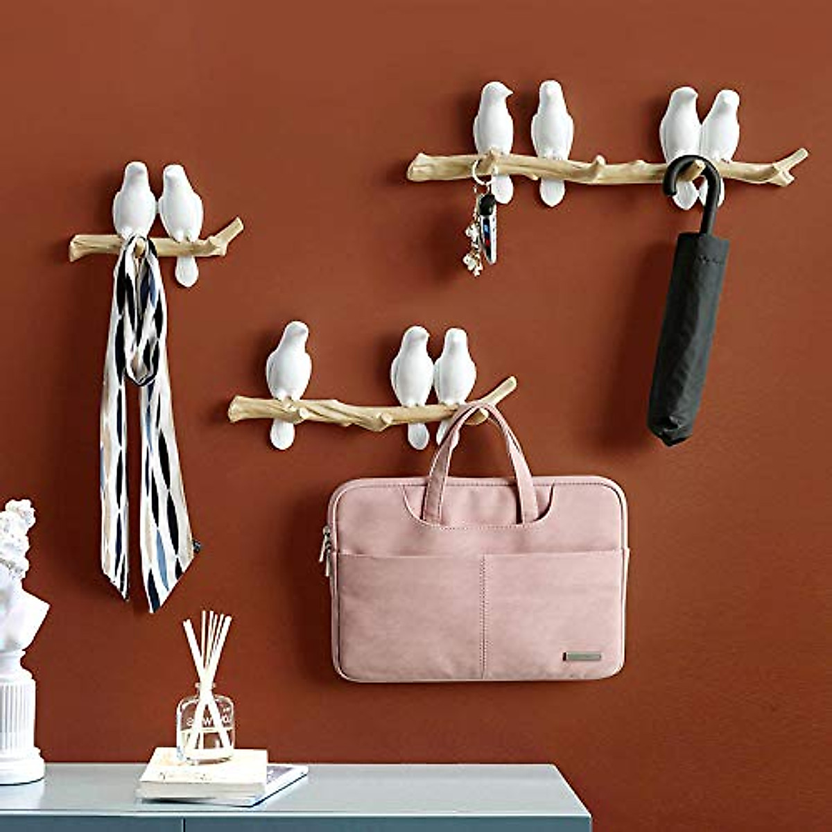 XPSD Resin Birds Figurine Wall Hooks Decorative Home Decoration Accessories Key Bag Handbag Coat Rack Holder Wall Hanger for Clothes-Blue 4birds
