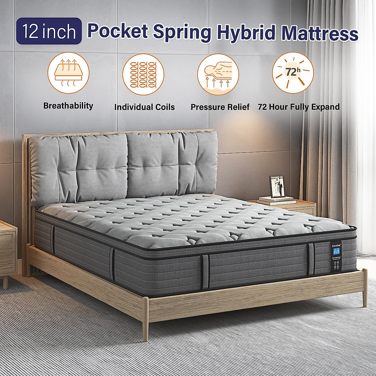 Slecofom 12 Inch Full Mattress, Firm Hybrid Full Size Mattress in a Box, Pressure Relief Cool Gel Memory Foam, Breathable Knitted Cover, Pocket Spring with Motion Isolation, Fiberglass-Free