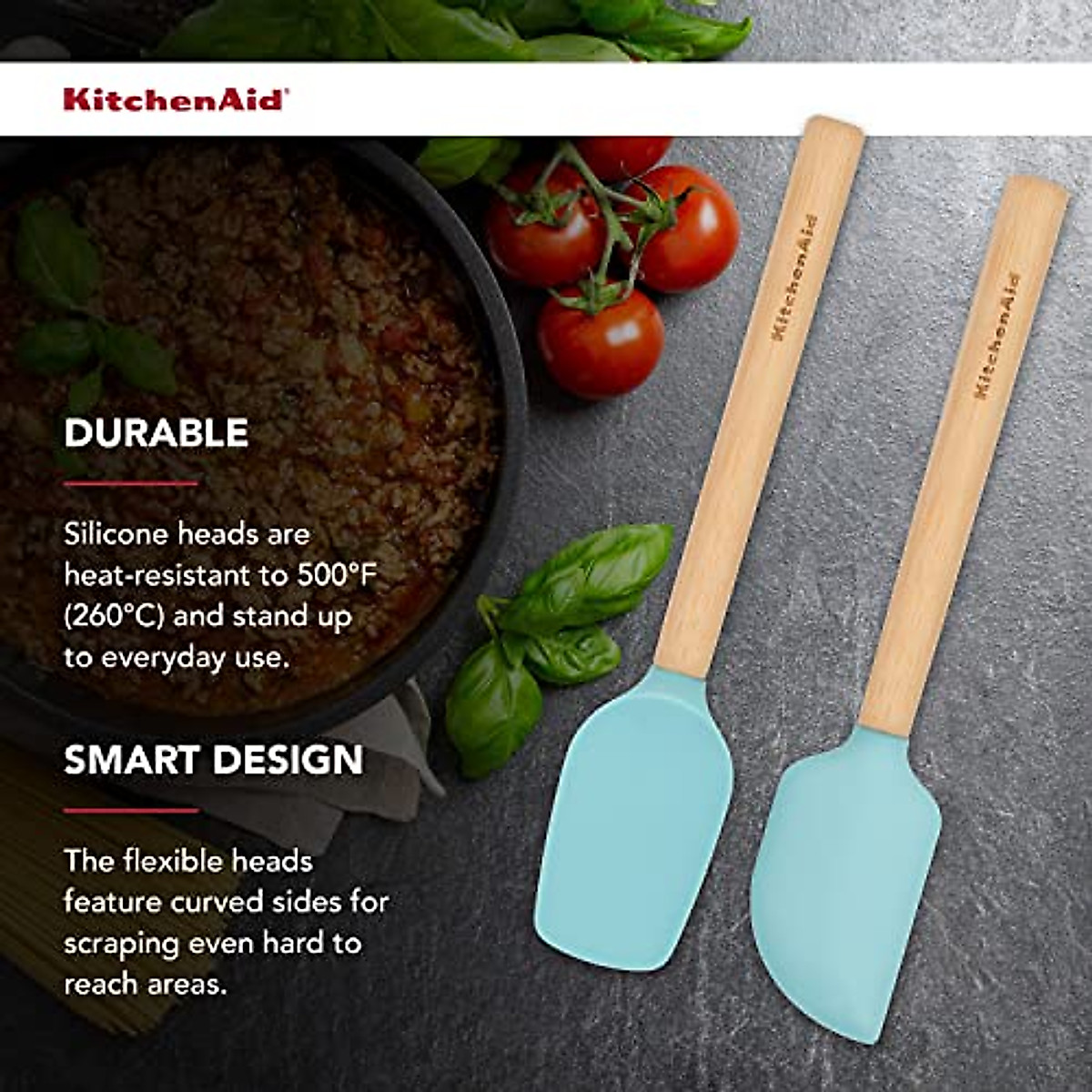 KitchenAid Bamboo Wood Handled Mini Spatula Set with Silicone Head, Set Of 2, Aqua Sky
