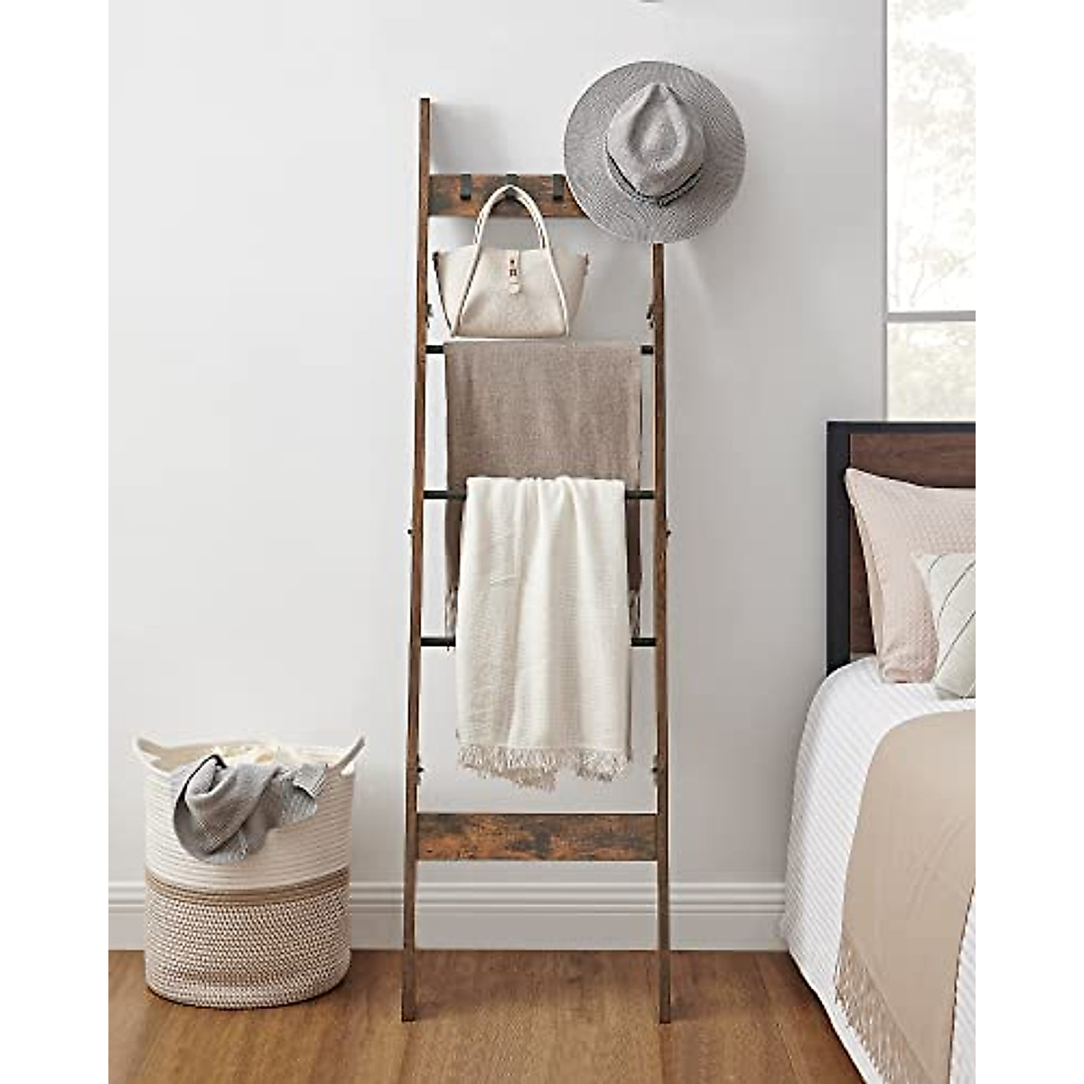 Hzuaneri Blanket Ladder - for Bedroom, Decorative Wood Quilt Rack with 4 Removable Hooks, 5-Tier Farmhouse Ladder Holder Organizer for Bathroom Living Room, Rustic Brown and Black 02101BBR