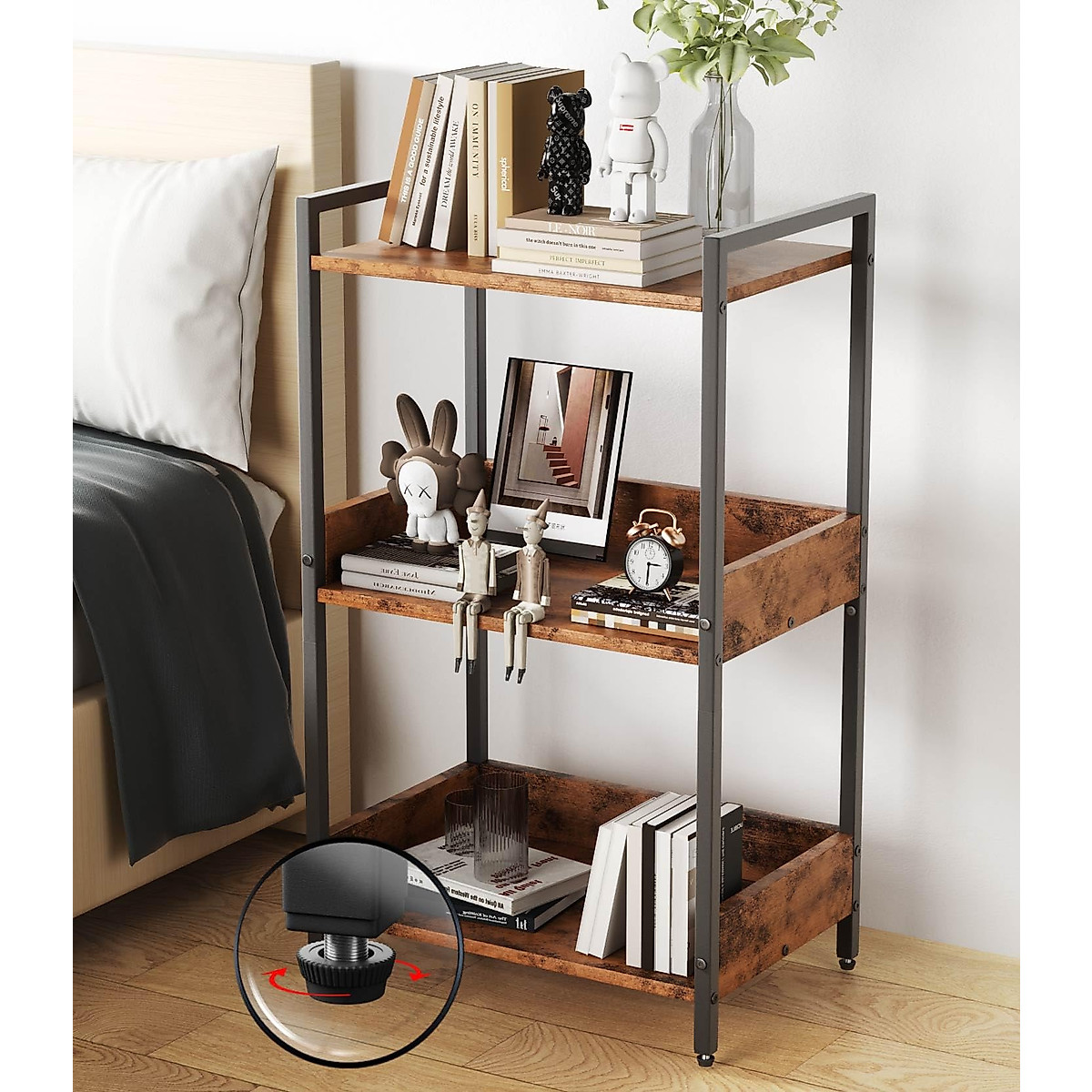 YSVCO Bookshelf, 3 Tier Industrial Small Book Shelf, Small Storage Bookcase with Organizer, Freestanding Open Shelf for Small Spaces, Bedroom, Living Room, Retro Brown BS70FB