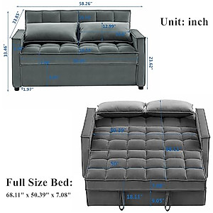 Gagawin Convertible Sofa Bed, 3-in-1 Pull Out Sleeper with 2 Pillows and Side Pockets, Soft Velvet Futon Loveseat Pull Out Bed Couch for Living Room, No.1-Gray