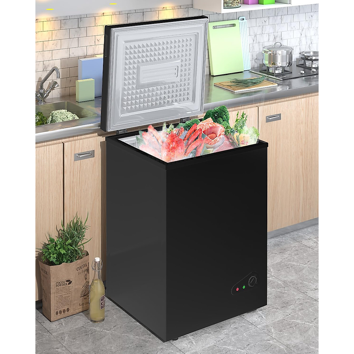 TABU Chest Freezer, 4.2 Cu Ft Deep Freezer with Removable Storage Basket, Black Top Open Door Freezer with 7 Level Adjustable Temperature, Compact Freezer with Top Open Door (Black)