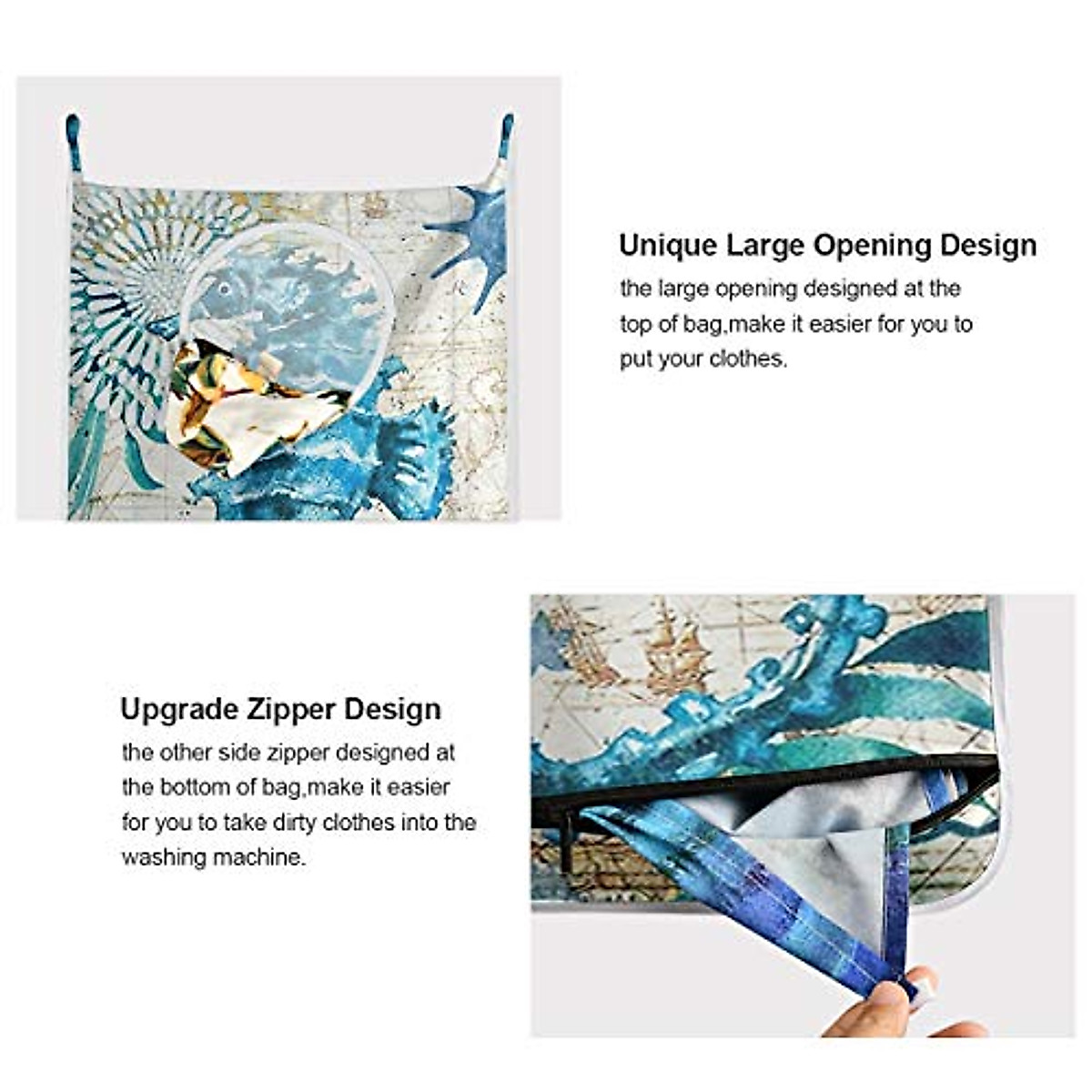 Seahorse Nautical Coastal Shell Hanging Laundry Hamper Bag 1 Pack Retro Sea Animal Starfish Dirty Clothes Storage Bin Washing Baskets Toy Book Clothing Holder for Door Wall Home Bathroom Bedroom