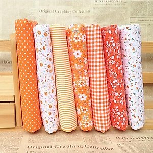 7Pcs Top Orange Cotton Craft Fabric Bundle Squares Patchwork DIY Sewing Scrapbooking Quilting Floral Dot Pattern Craft and Hobby Fabric 10" x 10" (25cm x 25cm)