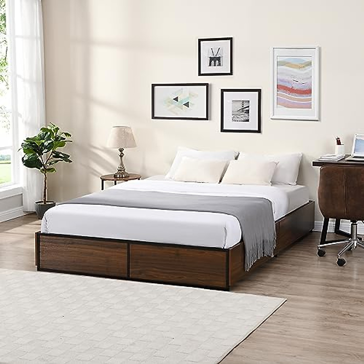 HAUSHECK Queen Size Bed Frame, Queen Platform Bed w/ 4 Large Storage Drawers on Wheels, Metal Bedframe No Box Spring Needed w/Strong Metal Slat Support Mattress Foundation for Kids, Teen & Adults