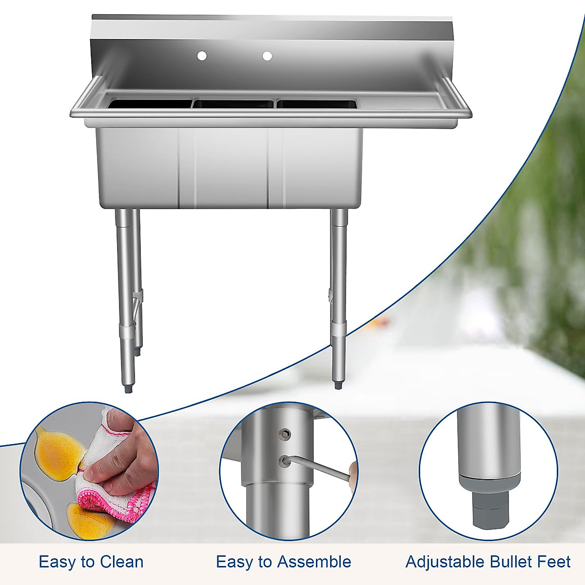 HARDURA Stainless Steel Kitchen Sink With 3 Compartments, Commercial Sink Right Drainboard Freestanding NSF Certified Utility Basin 10" L X 14" W X 10" D Bowl For Kitchen & Restaurant, Laundry Room