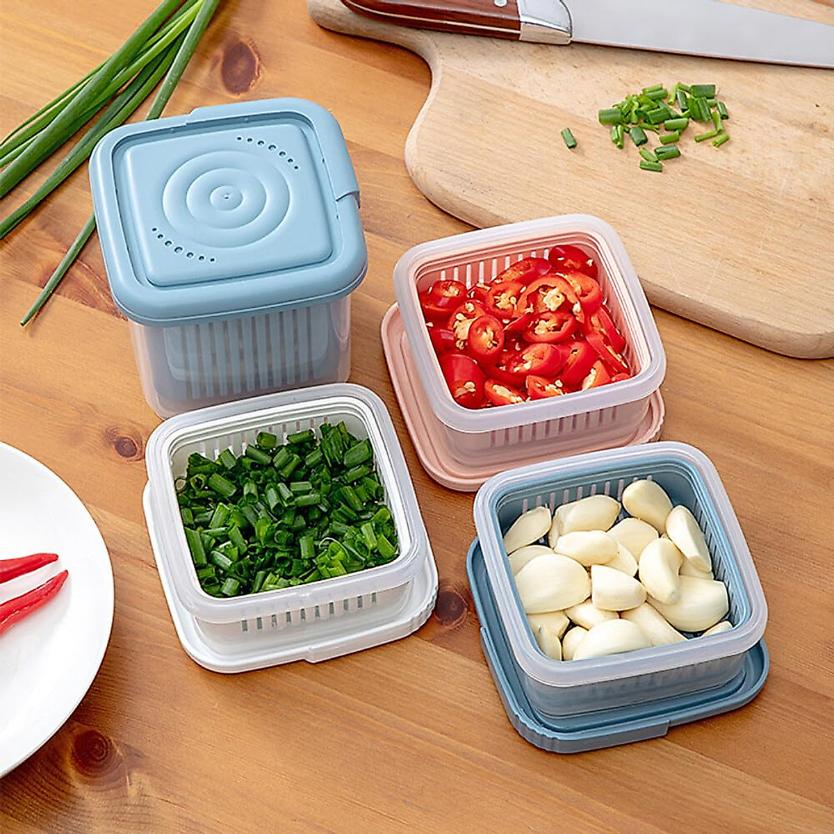 Food Storage Containers with Lids Fridge Berry Storage Container with Lid/Strainer Fresh Produce Saver Keeper for Scallion Ginger Garlic Vegetable Fruit Meat Lettuce