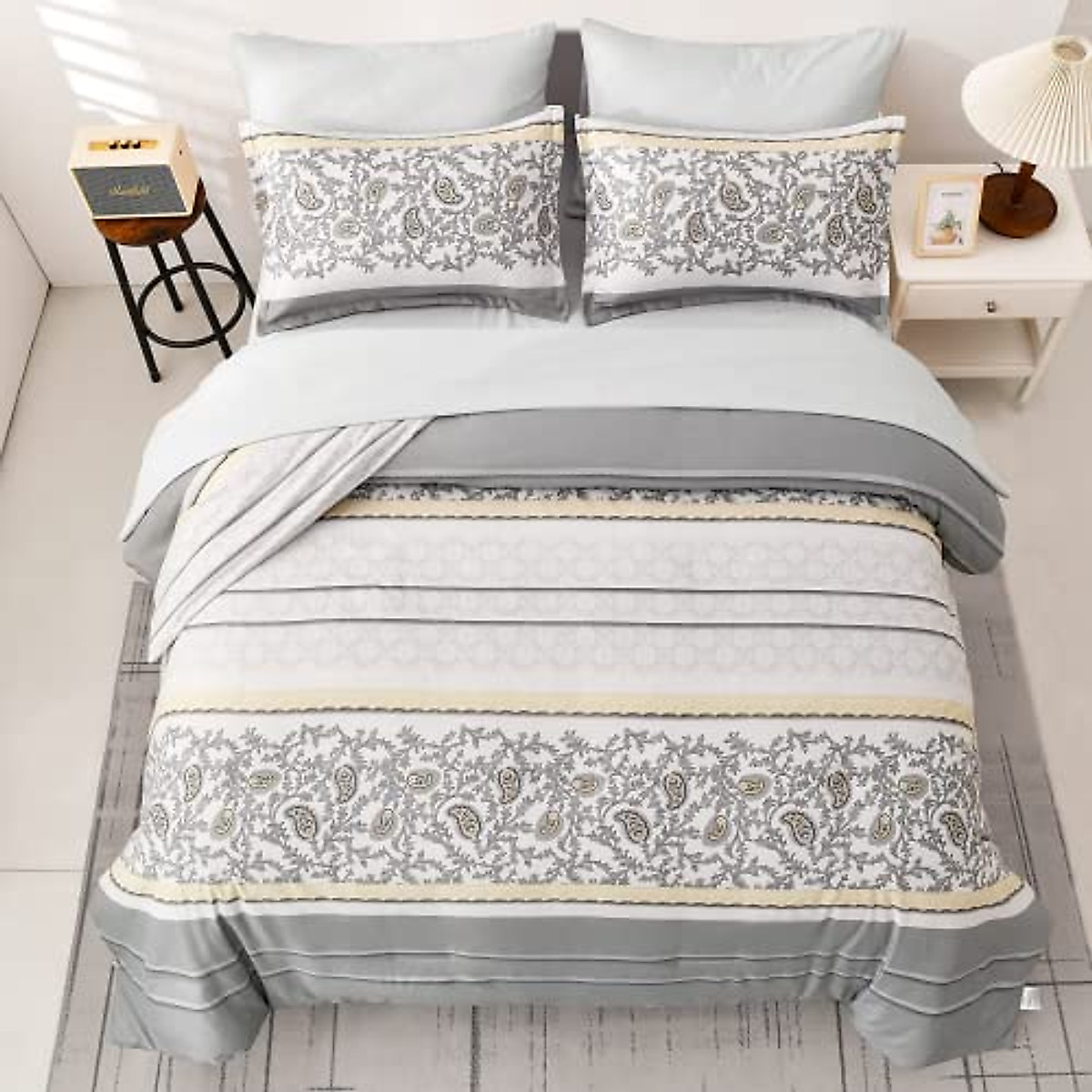 Grey Comforter Set King，7 Pieces Bed in a Bag Paisley Comforter for All Season Soft Microfiber Boho Bedding Set-1 Comforter, 1 Flat Sheet, 1 Fitted Sheet, 2 Pillow Shams,2 Pillowcases