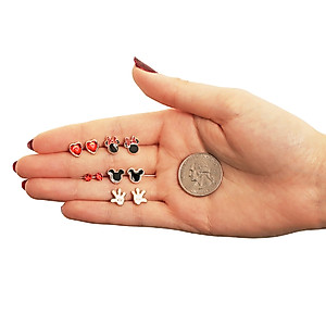Disney Mickey and Minnie Mouse Earrings 5 Pack Official License, Red Crystal and Enamel Plated Stud Earrings