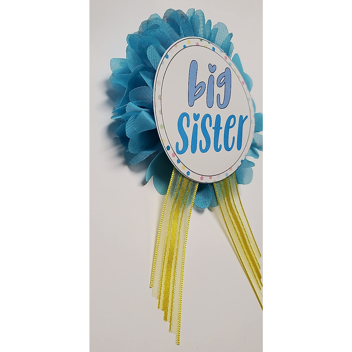 Big Sister Badge Pin Baby Shower Blue Chiffon flower & Yellow ribbons for the new sister to wear at Baby Shower, Baby Sprinkle