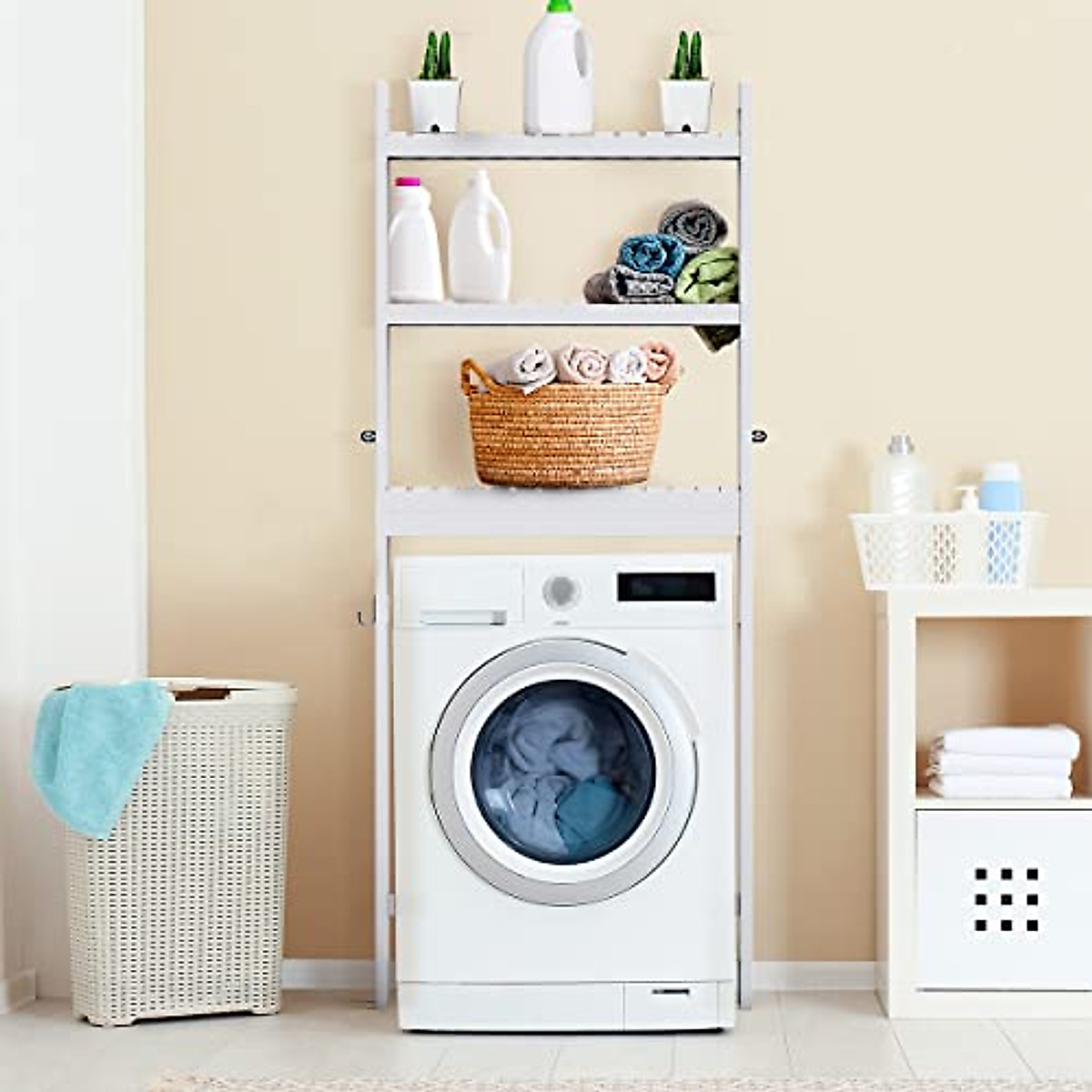 Purbambo Over The Toilet Storage, 3-Tier Bamboo Shelf Organizer Storage Rack with Toilet Paper Holder & 3 Hooks for Bathroom, Balcony, Porch, Laundry - White