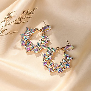 Flyonce Rhinestone Oval Hoop Dangle Earrings, Austrian Crystal Geometric Statement Pierced Earrings Iridescent Clear AB