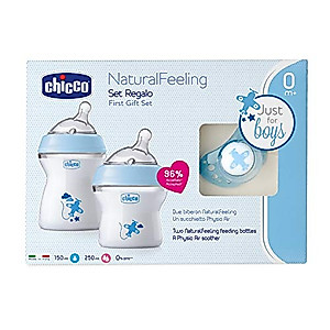 Chicco NaturalFeeling Gift Set with 2 Newborn Baby Bottles + Pacifier, 0 m + Blue