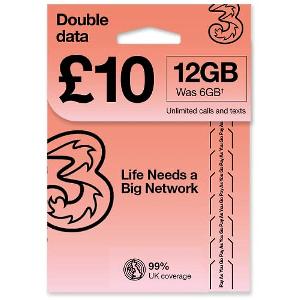 PrePaid Europe (UK THREE) sim card 12GB data+3000 minutes+3000 texts for 30 days with FREE ROAMING / USE in 71 destinations including all European countries