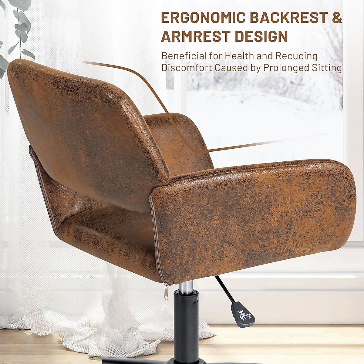 FurnitureR Office Chair, Upholstered Suede Mid Back Swivel Computer Desk Chair with Rolling Wheels, Adjustable Task Chair for Home, Bedroom, Make-up, Studying, Small Spaces - Brown