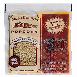 Amish Country Popcorn | All-In-One Medium White Kernel Popcorn Packs | Pre-Measured for Popcorn Machines and Includes Hulless Popcorn, Oil & Salt (5.5 ounce, Pack of 24)